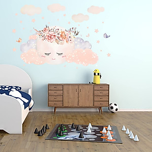 Smiling Moon Cloud Wall Decals Stickers, ULENDIS Removable Flying Birds Stars Wall Stickers, Peel and Stick Pink Clouds with Wreath Wall Art Decor for Home Dorm Party Nursery