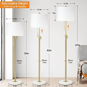 Modern Floor Lamp for Living Room, Adjustable Height Standing Lamp with Marble Base, 3-Way Dimmable Gold Tall Pole Light with White Linen Shade for Reading Bedroom, Pull Chain Switch, Bulb Included