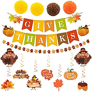 Thanksgiving Decorations Indoor, Thanksgiving Party Decorations Set Includes 3 Pre-strung Banners, 18 Hanging Swirls, 2 Turkey Honeycombs, 4 Tissue Pom Poms for Office, Classroom, Home Decor