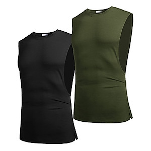 COOFANDY Mens Tank Tops Workout Fitness Shirt Bodybuilding 2 Pack Cut Off, Black/Army Green(2pcs), X-Large, Sleeveless