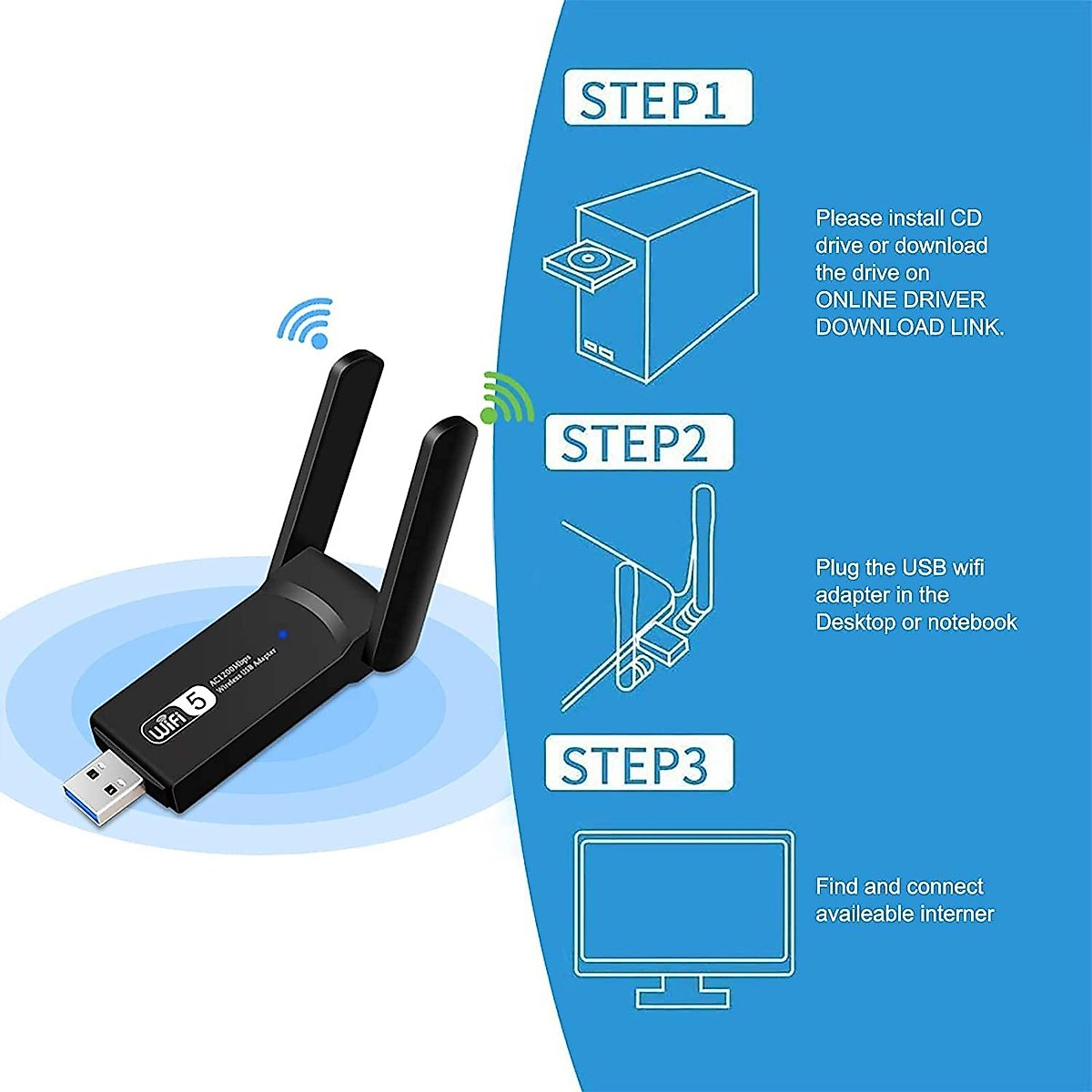 WiFi Adapter, 1200Mbps Dual Band 5G/2.4G Wireless Network Adapter, USB 3.0 MU-MIMO WiFi Dongle with High Gain Antennas for Desktop PC, Supports Windows/Mac OS X
