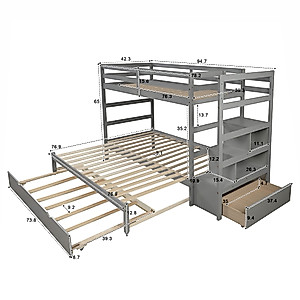 Polibi Stairway Twin Over Twin/King Bunk Bed with Size Trundle, Drawers and Guardrail, 3-in-1 Wood Trundle for Boys Girls, Grey