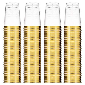 Munfix 100 Gold Plastic Cups 16 Oz Clear Plastic Cups Tumblers Gold Rimmed Cups Fancy Disposable Wedding Cups Elegant Party Cups with Gold Rim