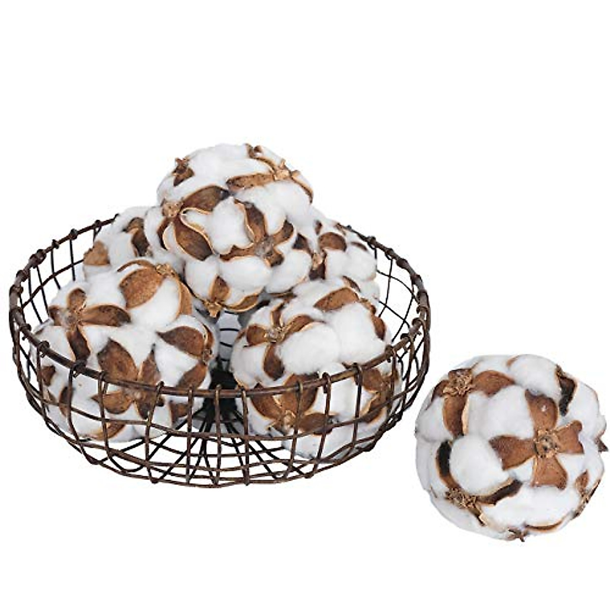 CIR OASES 4.5 Inch Cotton Decor Balls for Rustic Farmhouse Decor，Ornaments，Vase Bowl Filler, Trays, Weddings, Parties, White/Brown, Set of 6