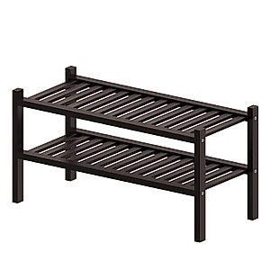 ROMGUAR CRAFT 2 Tier (Thick) Bamboo Shoe Rack for Closet Free Standing Wood Shoe Shelf for Entryway Small Space Stackable 27"x12"x14" (Black Brown)