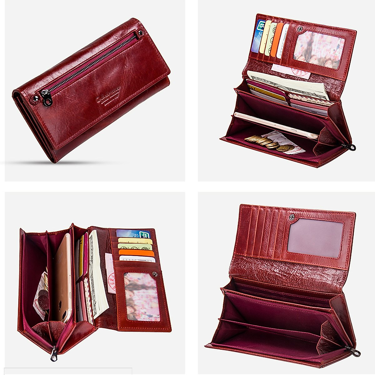 Contacts Women Real Leather Zipper Coin Clutch Purse Phone Wallet (Red)