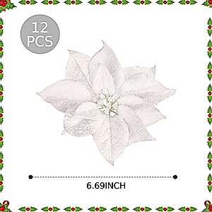 MOONET 12 Pcs Christmas Tree Decor Flowers Artificial Flannel Fabric Flowers with Clips Ornaments for Christmas Party Wedding, 6.69 inch (White)
