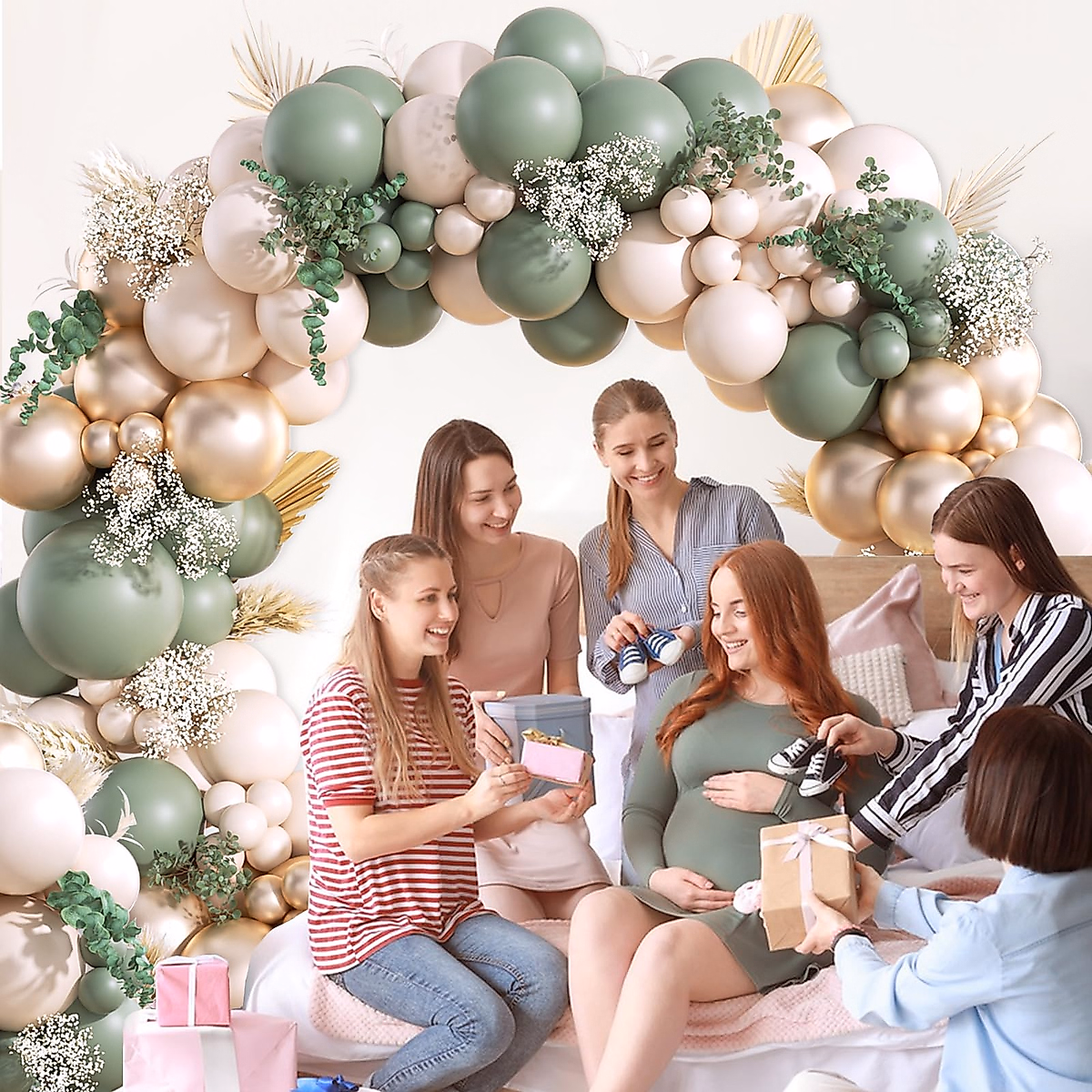 130Pcs Sage Green Gold Balloon Garland Arch Kit with Sage Green Sand White Gold Balloons for Baby Shower Bridal Shower Birthday Engagement Wild One Party Decorations