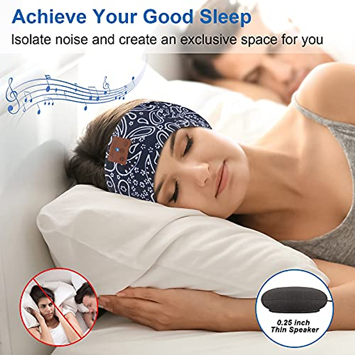 BULYPAZY Sleep Headphones Bluetooth Headband, Soft Wireless Bluetooth Headband Headphones Perfect for Side Sleeper, Boho Headband with HD Speakers for Workout, Running, Yoga, Meditation, Gift(Blue)