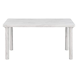 Goohome 6-Piece Kitchen Dining Set, Mid-Century Marble Veneer Table, 4 Flannelette Upholstered Chairs and Bench Family Furniture, for Home, Apartment, A-White+Blue