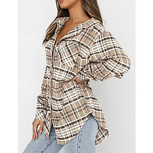 Zontroldy Womens Flannel Plaid Shirts Oversized Long Sleeve Button Down Buffalo Plaid Shirt Blouse Tops (0888-Apricot-M)