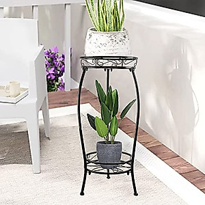 Plant Stand Indoor Outdoor,2 Tier Metal Tall Plant Stands,27.1'' Potted Multiple Holder, Rustproof Decorative Plants Shelf for Corner, Patio, Living Room, Garden (Black)