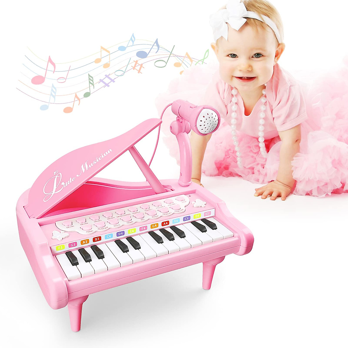 Love&Mini Pink Piano Toys for 1+Years Old Girls First Birthday Gifts Toddler Piano Music Toy Instruments with 24 Keys and Microphone