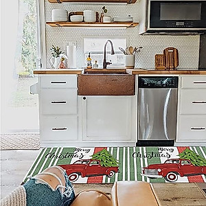 Merry Christmas Kitchen Mat Rug 1 PCS Red Truck with Xmas Tree Cotton Linen Texture Runner Rug Anti-Fatigue Comfort Memory Foam Standing Mat Non-Slip Floor Door Mat for Bathroom Bedroom 24x71in