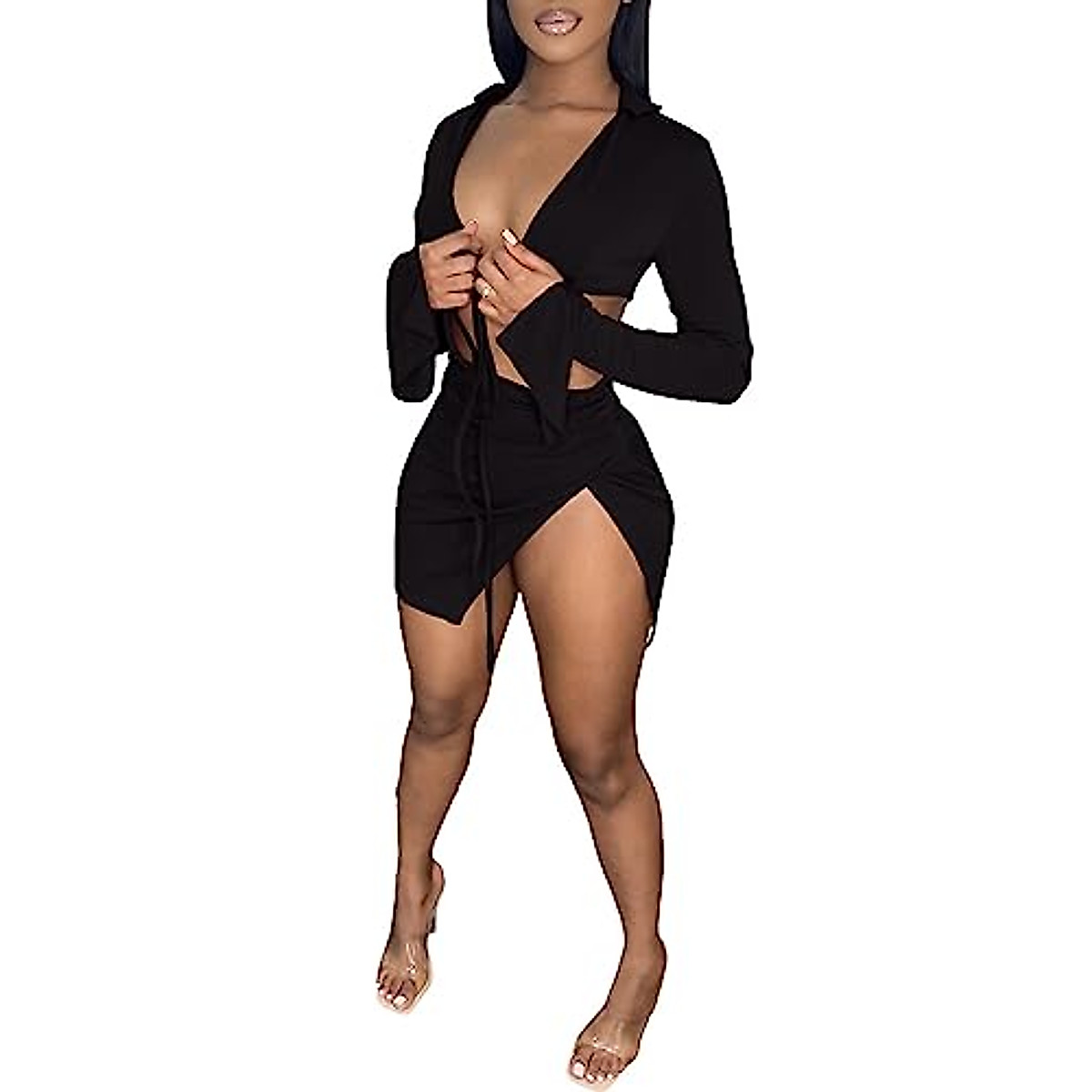 SUZONANA Black Sexy 2 Piece Club Outfits for Women Two Piece Mini Skirt Sets Crop Top Clubwear Swimsuits Y2K Going Out M