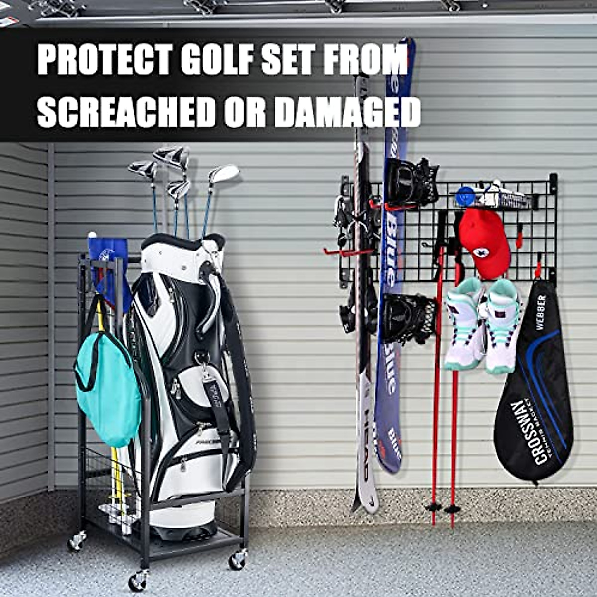 Mythinglogic Golf Bag Storage Organizer Rack-Golf Clubs Organization for Garage, Golf Bag Stand with Movable Hanging Hooks, Golf Equipment and Accessories Storage Racks for Garage,Shed,Basement