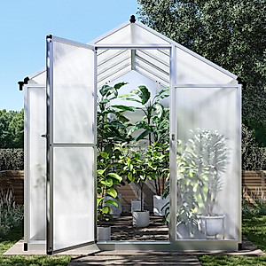 6x10 FT Greenhouse for Outdoors, Polycarbonate Greenhouse with Quick Setup Structure and Roof Vent, Aluminum Large Walk-in Greenhouse for Outside Garden Backyard, Silver