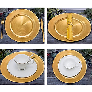 DaCakeWS Metallic Round Charger Plates 10PCS, 13inch Plastic Beaded, bulk wedding, Dinner, Party, Event, Decoration( Gold 10)