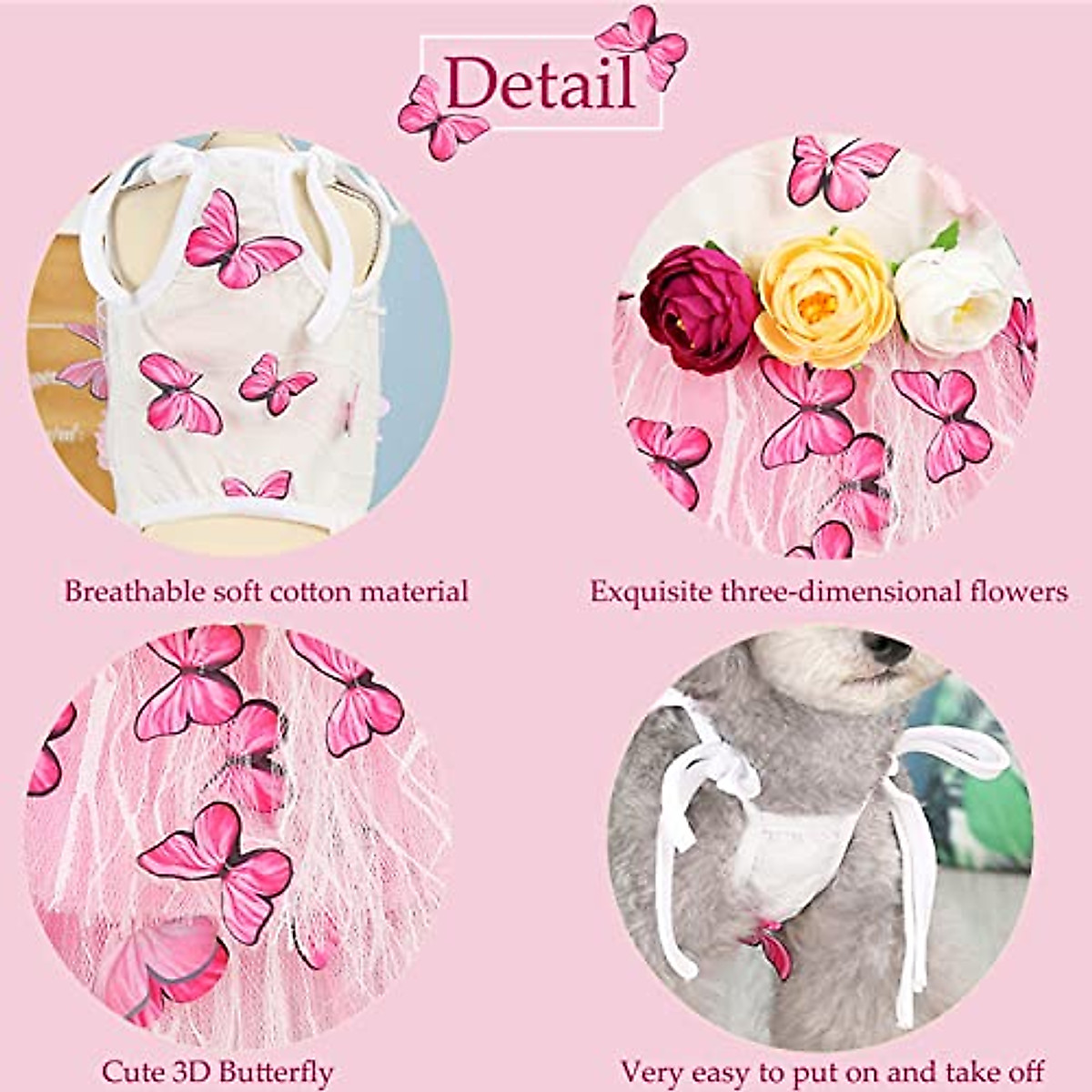 SEIS Butterfly Dog Dress Sweet Simulation Flower Teddy Clothes Lace 3D Cat Skirt Princess Bomei Costume Adjustable Pet Tutu for Spring Summer Wedding Party (S (Chest Circumference 37cm/14.6"), Pink)