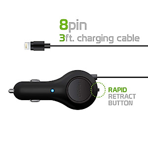 Cellet Retractable iPhone Car Charger with Lighting Cable (Apple MFI Certified) 10-Watt Compatible with iPhone 14 Pro Max Plus Mini SE 13 12 11 Xr Xs X 8 7 6 5 iPad, iPad Pro, iPad Air, iPad Mini