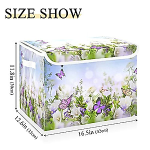 Kigai Butterfly Wildflower Storage Basket with Lids and Handles,Collapsible Storage Bins Organizer for Bedroom Organization,Office Storage,Toys,16.5x12.6x11.8 In