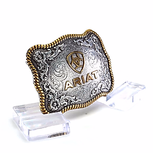 ARIAT Large Scalloped Shape Buckle with Logo, Floral and Scroll Detail, Twisted Rope Trim, 3.75"x 2.75"