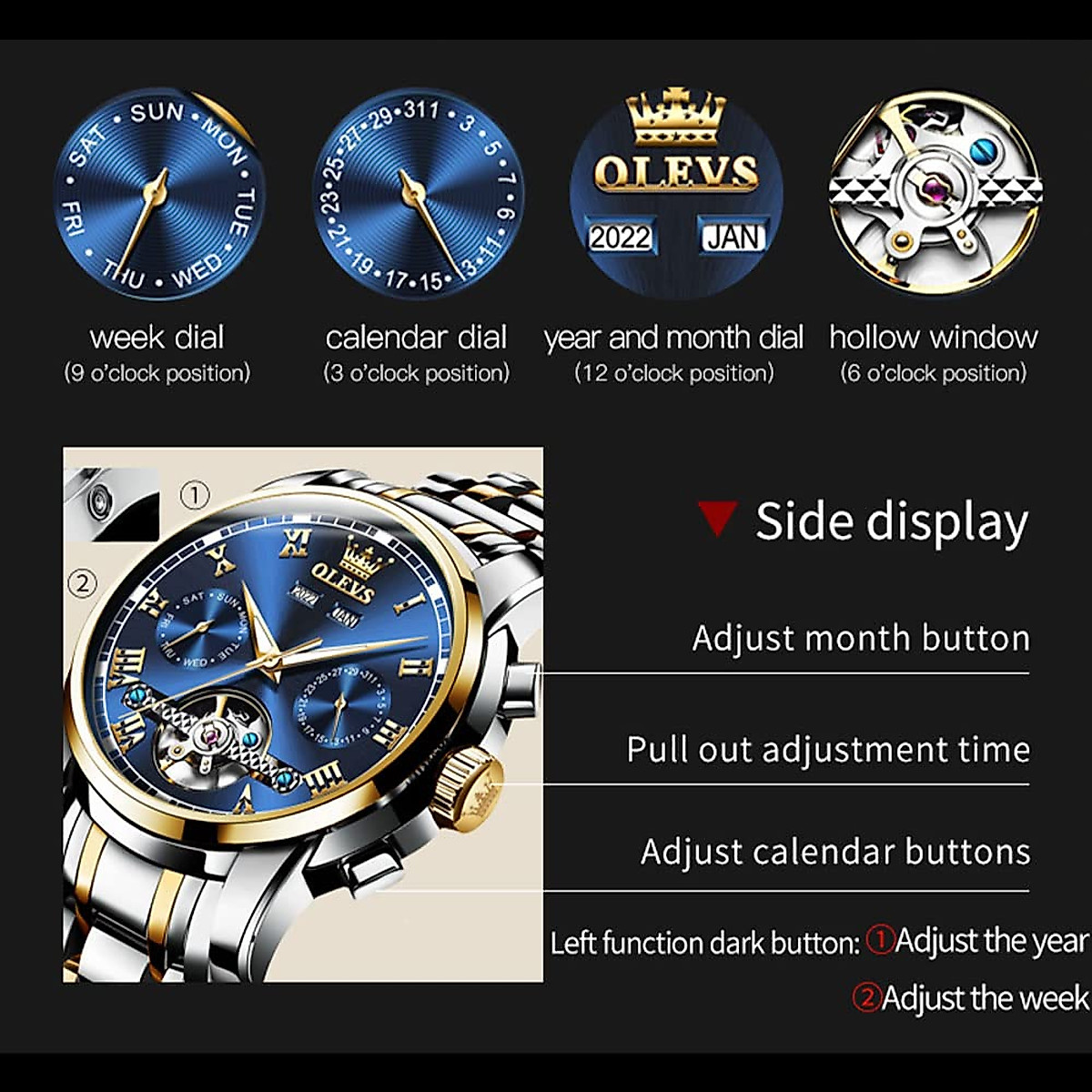 OLEVS Mens Watches Automatic Watches for Men Self Winding Watch Silver Gold Stainless Steel Watch Blue Dial Watch Skeleton Tourbillon Men's Wrist Watches Luxury Big Face Watch for Men