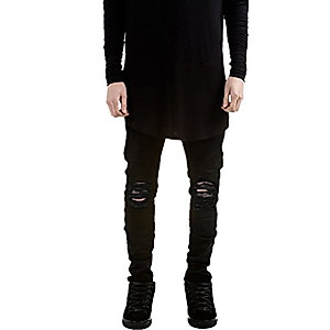 Qazel Vorrlon Men's Slim Fit Black Stretch Destroyed Ripped Skinny Denim Jeans,Size 28, Black