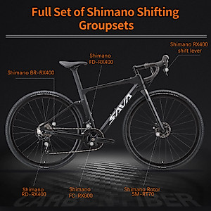 SAVADECK Carbon Gravel Road Bike,T800 Carbon Gravel Dis Brake Bicycle with Professional Adventure Shimano GRX400 20 Speed Groupset and Extra Wide Tires 700CX40C for Various Road.(Black 56cm)