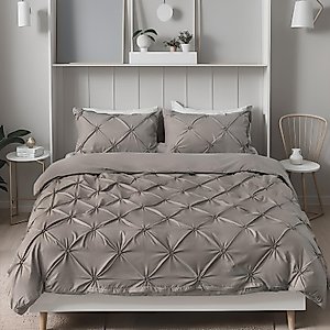 UlikTree Solid Duvet Cover - Soft Floral Pinch Comforter Covers with 2 Shams, 3 Pieces Microfiber Bedding Sets with Zipper Closure and Striped Ties for All Seasons, Grey (Full, 80x90'')