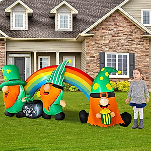 BLOWOUT FUN 8ft Inflatable St. Patrick's Day 3 Gnomes with Rainbow Decoration, LED Blow Up Lighted for Indoor Outdoor Holiday Art Decor Clearance