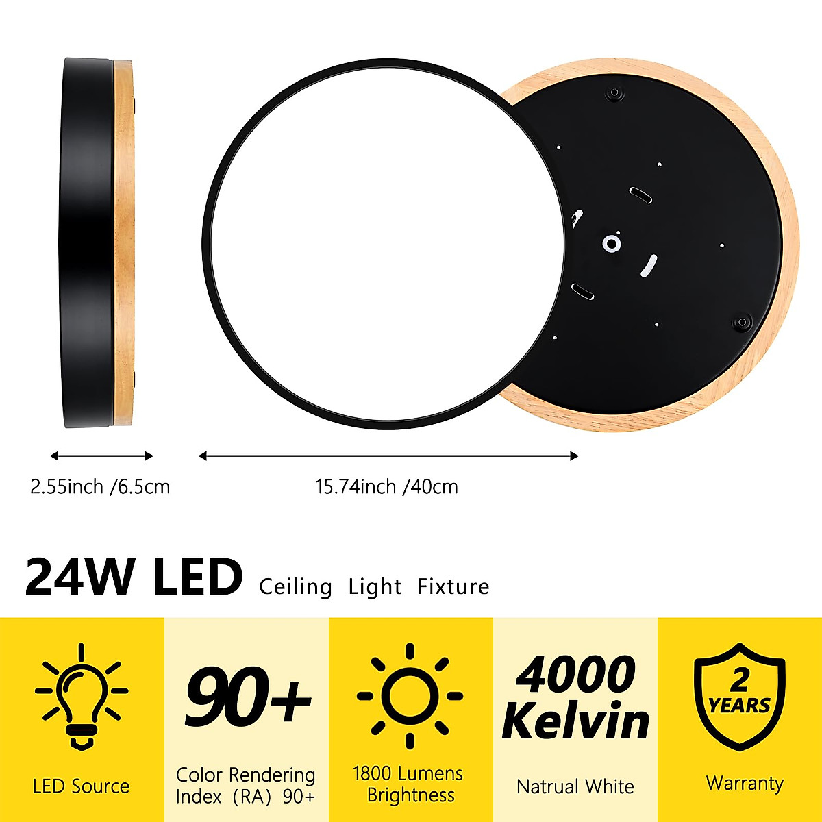 VIOLOEMI Modern Black Ceiling Light, Wood LED Close to Ceiling Lighting Fixtures, Round Flush Mount Ceiling Lamp for Kitchen Bedroom Bathroom Laundry Room Nursery Room Hallway（15.74 Inch）