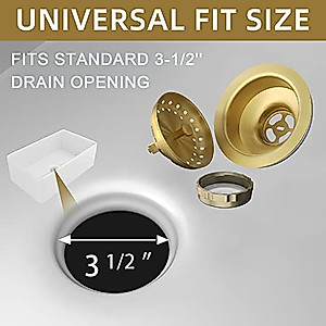 EXAKEY Kitchen Sink Drain Assembly Gold Sink Drain Strainer with Fixed Post 3-1/2 Inch Kitchen Drain with Strainer Basket and Drain Stopper for Standard Kitchen Sink Stainless Steel Brushed Gold
