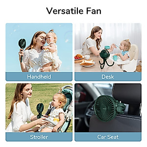 JISULIFE Mini Stroller Fan Clip-on for Baby, 4000mAh Portable Battery Operated or USB Rechargeable Fan with 4 Speeds, 360°Rotatable and Flexible Tripod for Handheld/Desk/Car Seat - Alpine Green