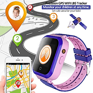 Kids Smart Watch, 4G WiFi GPS LBS Tracker SOS Emergency Call Video Chat Children Smartwatches, IP67 Waterproof Phone Watch for Age 4-12 Boys Girls, Compatible with Android/iPhone iOS (Pink)