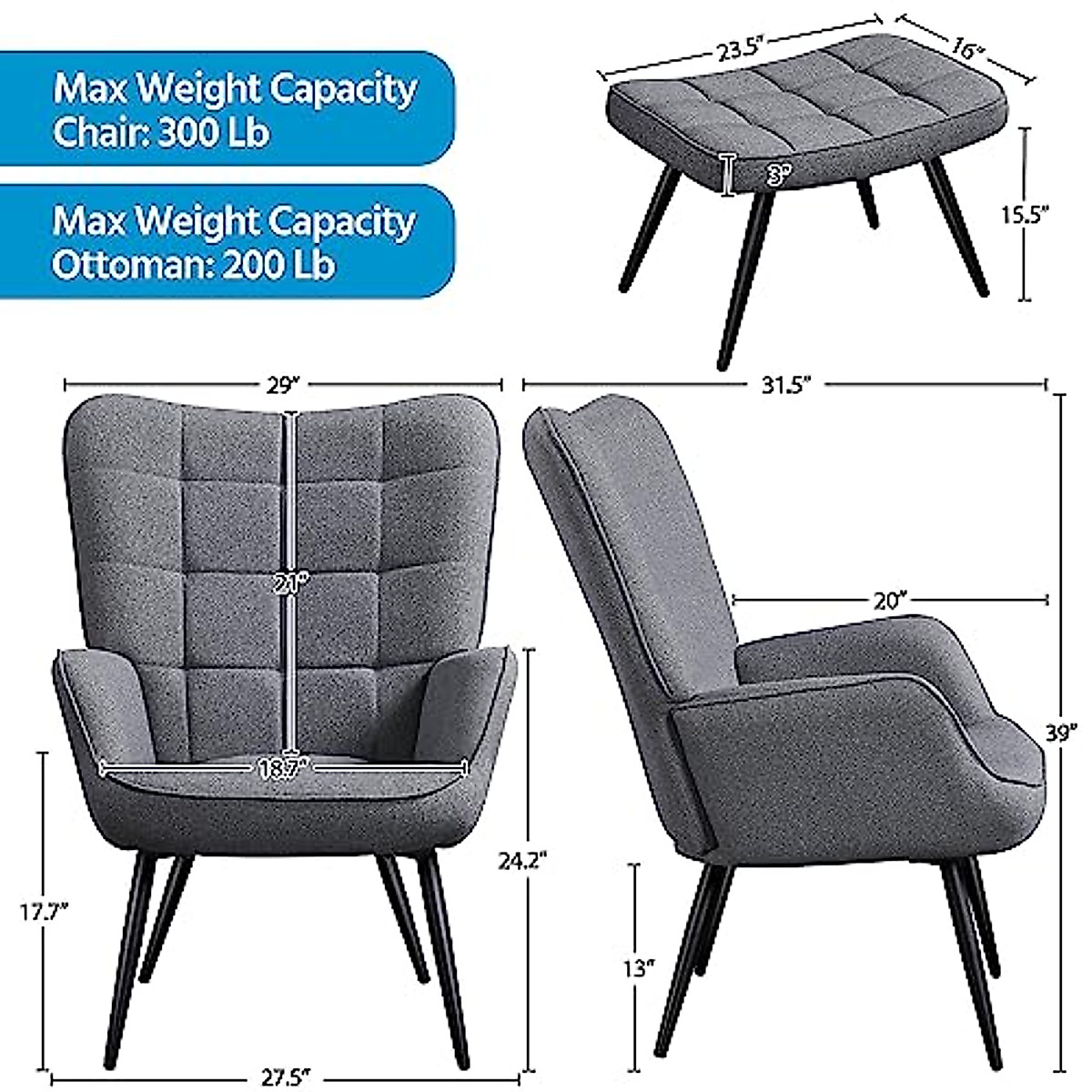 Yaheetech Accent Chair with Footrest, Armchair and Ottoman with High Back and Metal Legs Single Oversized Sofa Club Chair and Ottoman Set for Living Room Bedroom Office, Grey