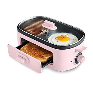 GreenLife Healthy Ceramic Nonstick 12" Square Electric Skillet (5QT) and 3-in-1 Breakfast Maker Station, Pink