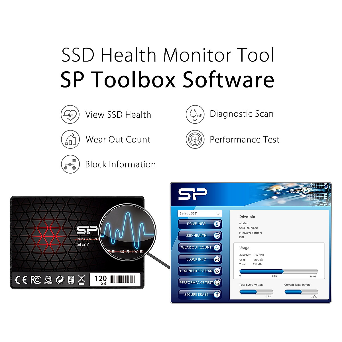Silicon Power/Marvell Controller 120GB S57 (SLC Cache Performance Boost) SATA III Internal Solid State Drive- Free-download SSD Health Monitor Tool Included (SP120GBSS3S57A25AD)