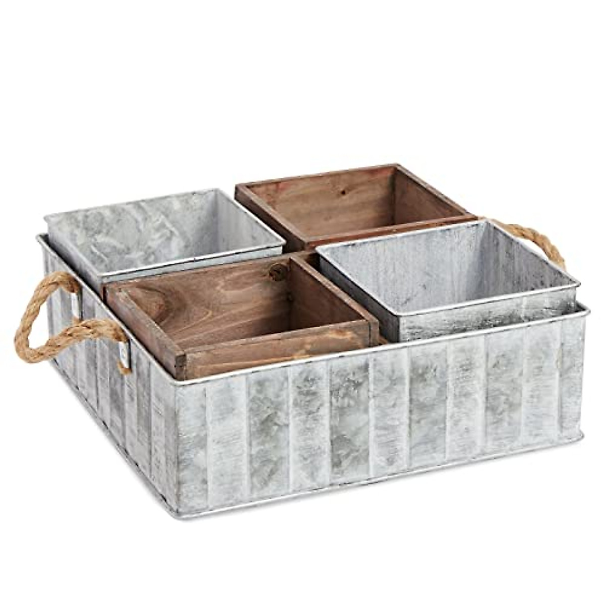 Farmlyn Creek 5 Piece Galvanized Metal Tray with Dividers and Removable Wooden Storage Boxes, Rustic Kitchen Decor (13 x 5 In)