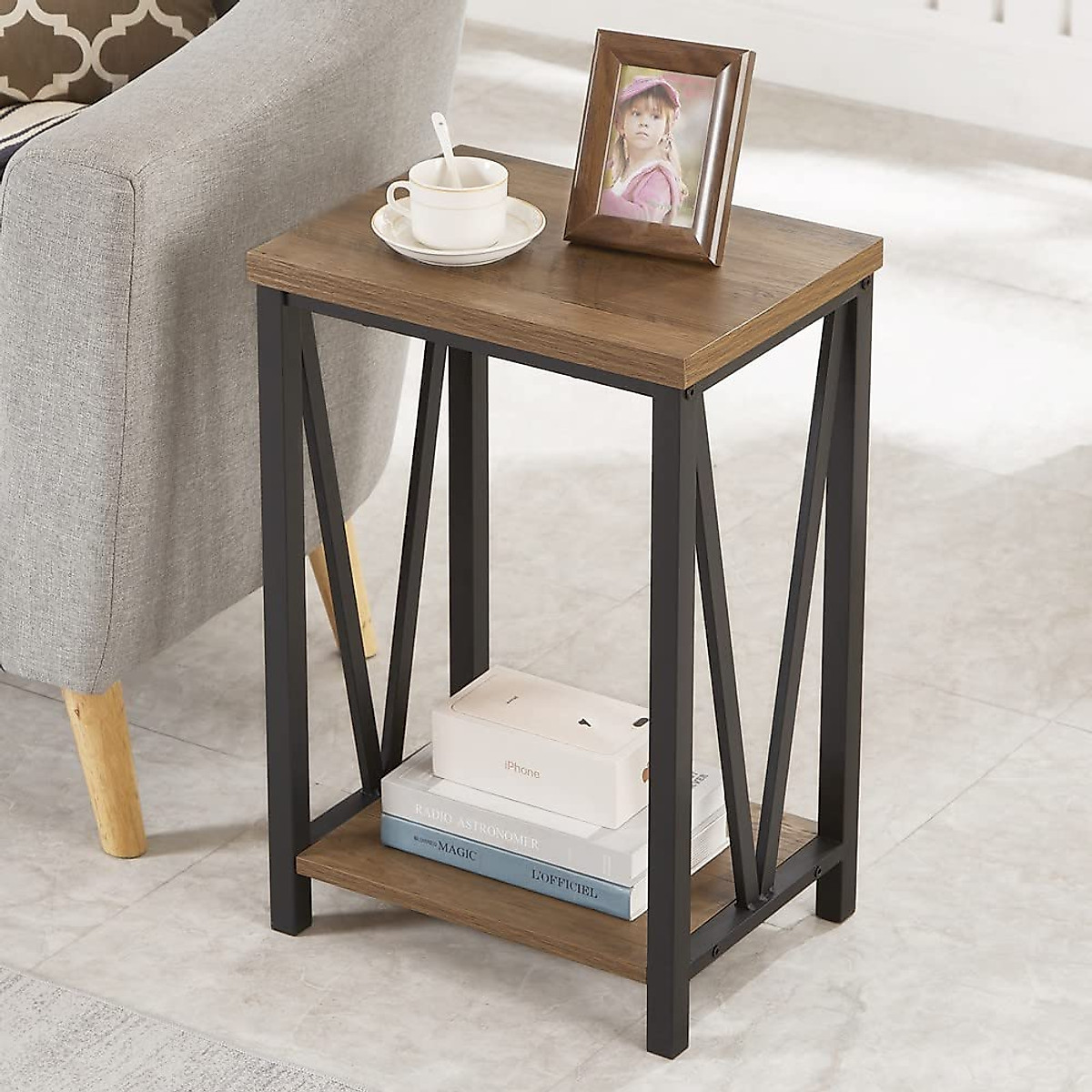 FOLUBAN Side Table with Storage Shelf, Rustic End Table for Living Room, Wood and Metal Nightstand for Bedroom, Oak