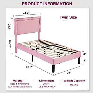 VECELO Twin Size Platform Bed Frame with Height Adjustable Upholstered Headboard, Modern Mattress Foundation,Strong Wood Slat Support, No Box Spring Needed, Easy Assembly