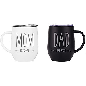 Pregnancy Gift Est 2023- Mom Est 2023 DAD Est 2023 ENGRAVED Stainless Steel Coffee Tumblers - Gift Set for New Parents to Be-Baby Shower Gifts for Parents -Mom and Dad Mugs for Expecting Parents