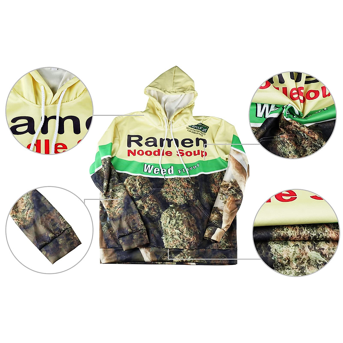 JOOCAR Unisex Hoodies 3D Realistic Print Funny Ramen Noodle Soup Weed Flavor Pullover Hooded Sweatshirts Long Sleeves Hoodies with Big Pockets Personality Tops