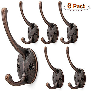 Arks Royal Small Coat Hook Wall Mounted Zinc Alloy 1" Double Coat Hanger, 6 Pack (Antique Red Copper Finish)