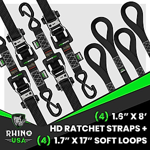 RHINO USA Ratchet Straps Tie Down Kit for ATV, 5,208 Break Strength - includes (4) Heavy Duty Rachet Tiedowns with Padded Handles & Coated Chromoly S Hooks + (4) Soft Loop Tie-Downs,Black