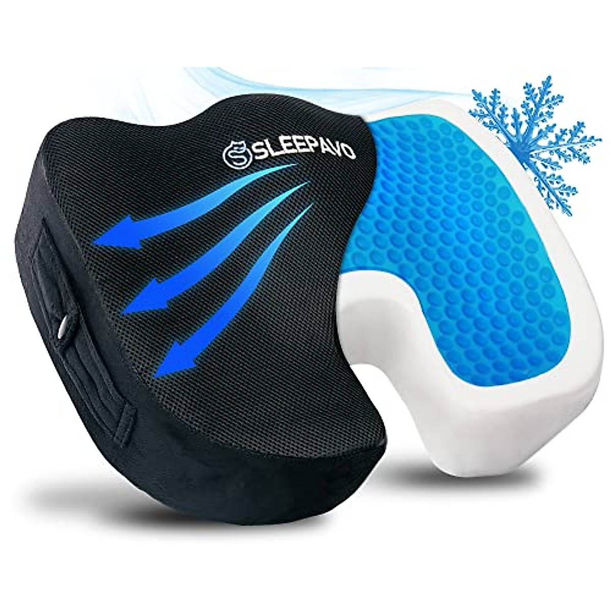 Sleepavo Black Memory Foam Seat Cushion for Office Chair - Cooling Gel Pillow for Sciatica Coccyx Back Tailbone & Lower Back Pain Relief - Chair Pad for Lumbar Support in Office Desk, Car & Airplane