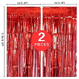 2 Pack Red Metallic Tinsel Foil Fringe Curtain, 3.2Ft x 8.2Ft Tinsel Curtain Party Photo Backdrop Streamers for Door Wall Window Curtains Background Birthday Christmas Valentines Day Decorations