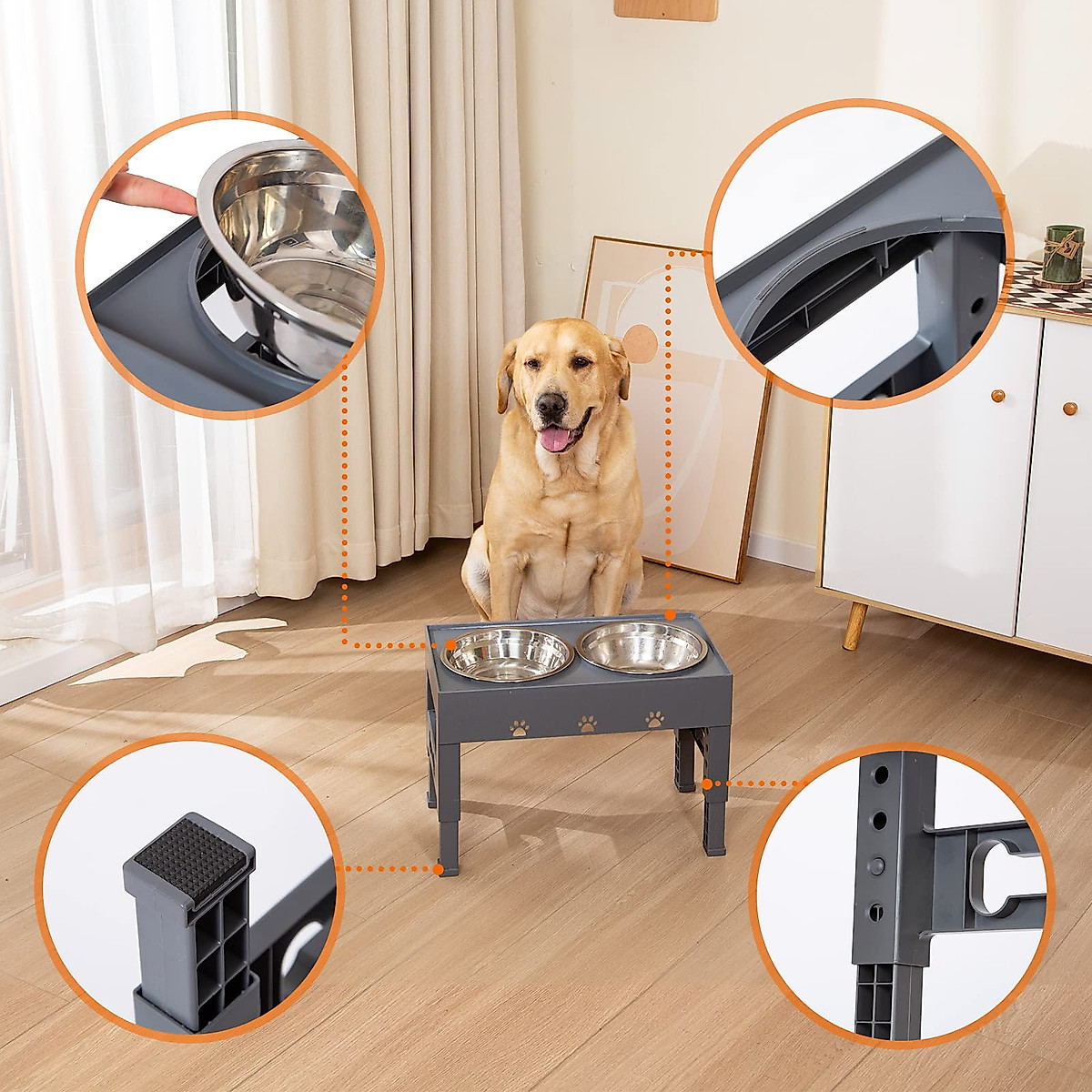 LAKIPETN Elevated Dog Bowls with 2 Stainless Steel Dog Food Bowls 5 Height Adjustable Raised Dog Bowl Stand Non-Slip Dog Feeder Adjusts to 3.1”, 9”, 10”, 11”, 12” for Medium Large Dogs - Gray