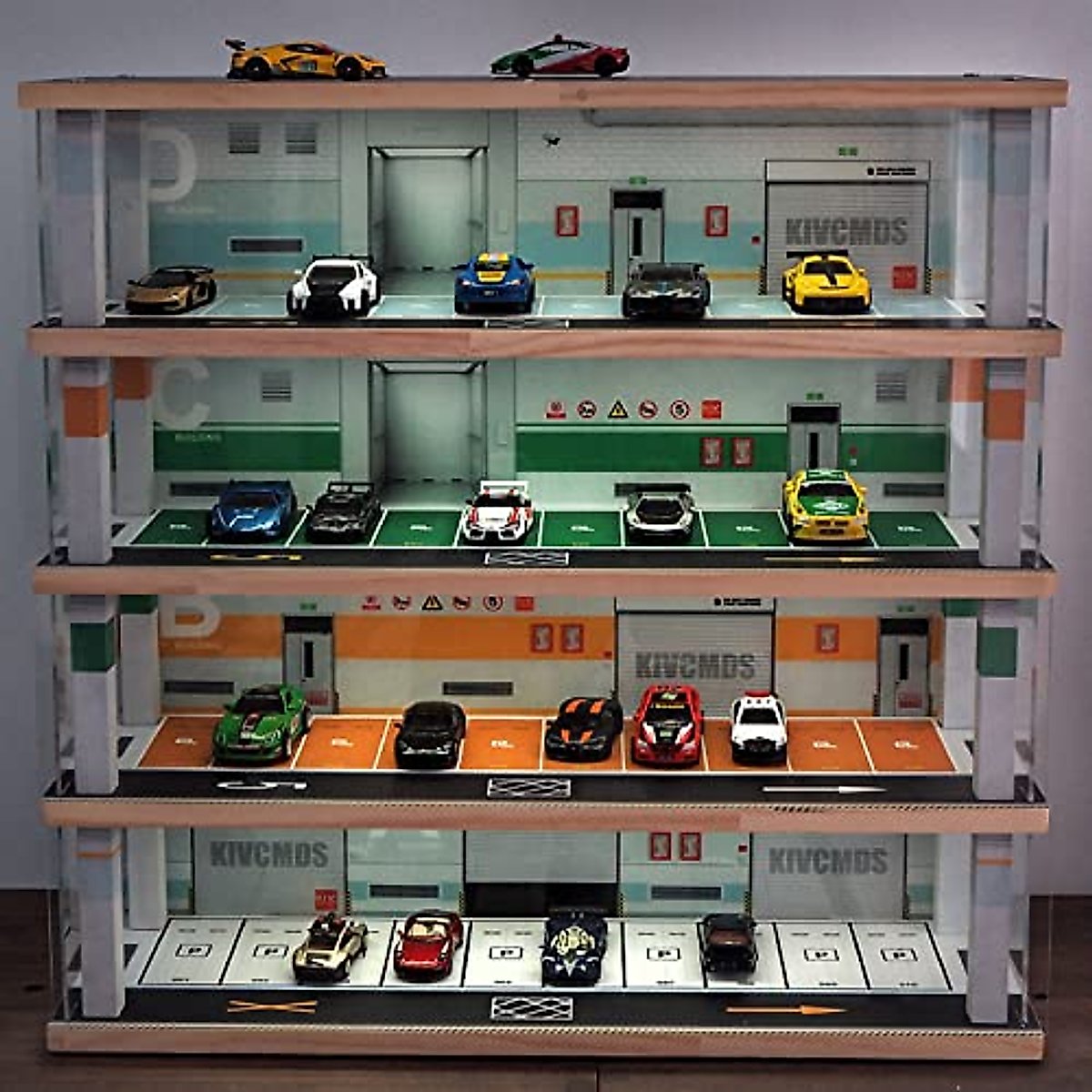 kivcmds 1:64 Scale Alloy car Model Display case. Suitable for Collecting hot Wheels and die-cast Cars with Lighted Scenes Parking lot with 40 Parking Spaces on 4 Levels (Underground Garage Scenes)