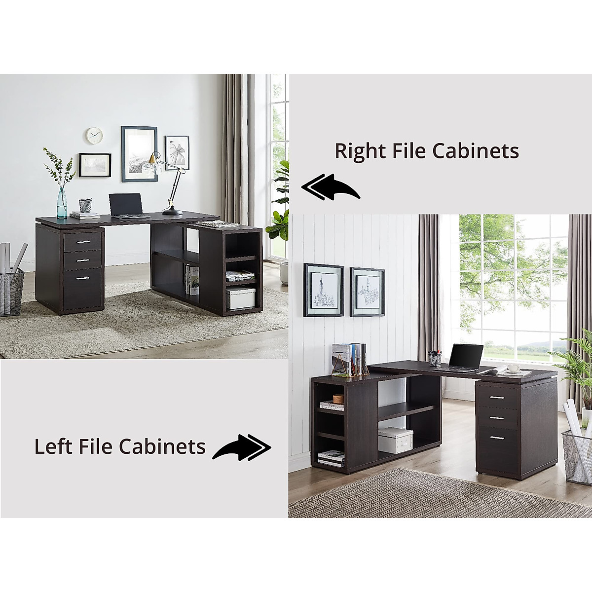 Naomi Home Ariel L Shaped Executive Desk with Drawers, Wood Home Office Corner Desk, File Drawer, Storage Cabinet, 60 inch Computer Writing Desk- Espresso